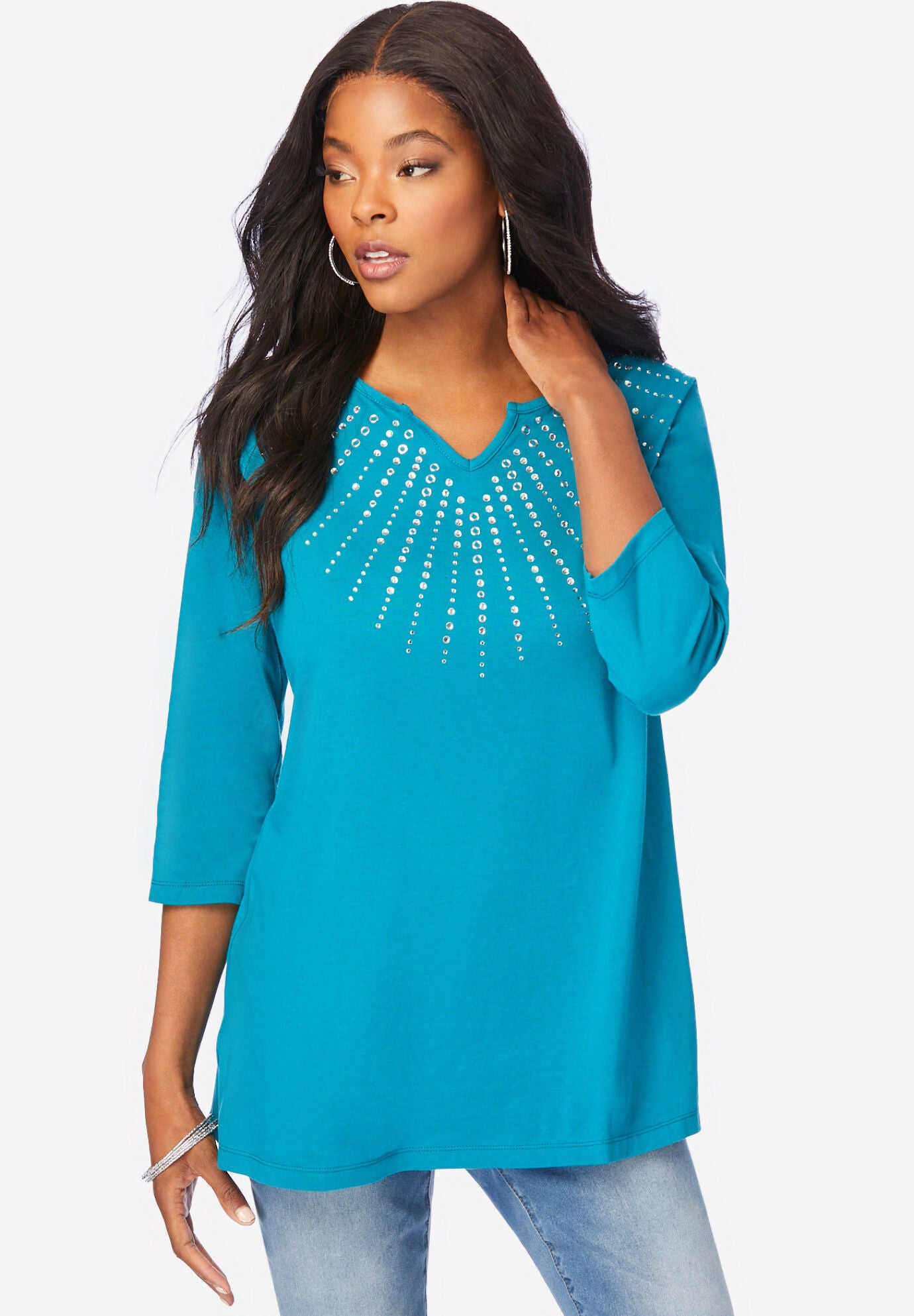 Rhinestone-Embellished Notch-Neck Top | Fullbeauty Outlet