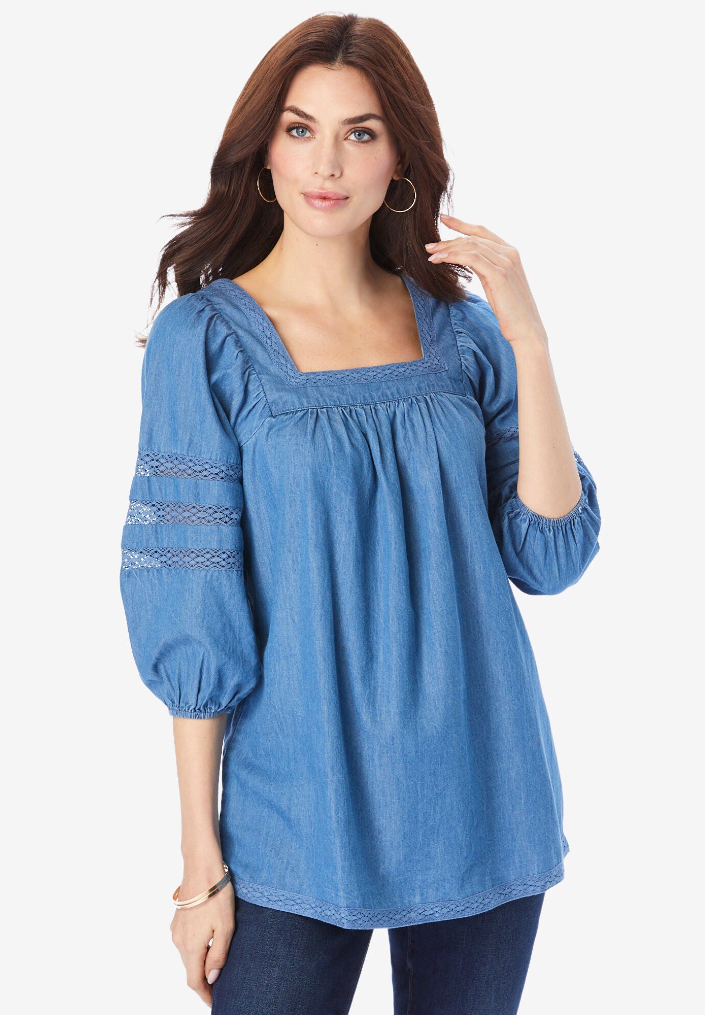 Square-Neck Chambray Peasant Top | Fullbeauty Outlet