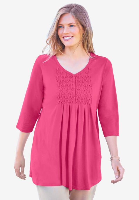 Smocked Henley Trapeze Tunic | Fullbeauty Outlet
