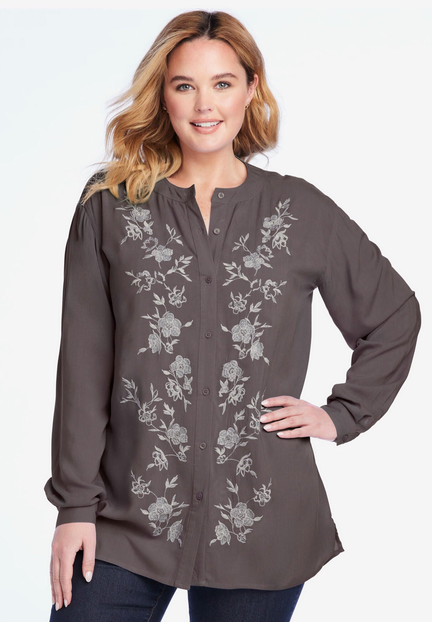 Button Front Embroidered Tunic | Fullbeauty Outlet
