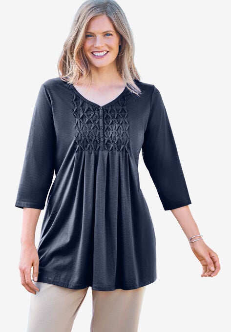 Smocked Henley Trapeze Tunic | Fullbeauty Outlet