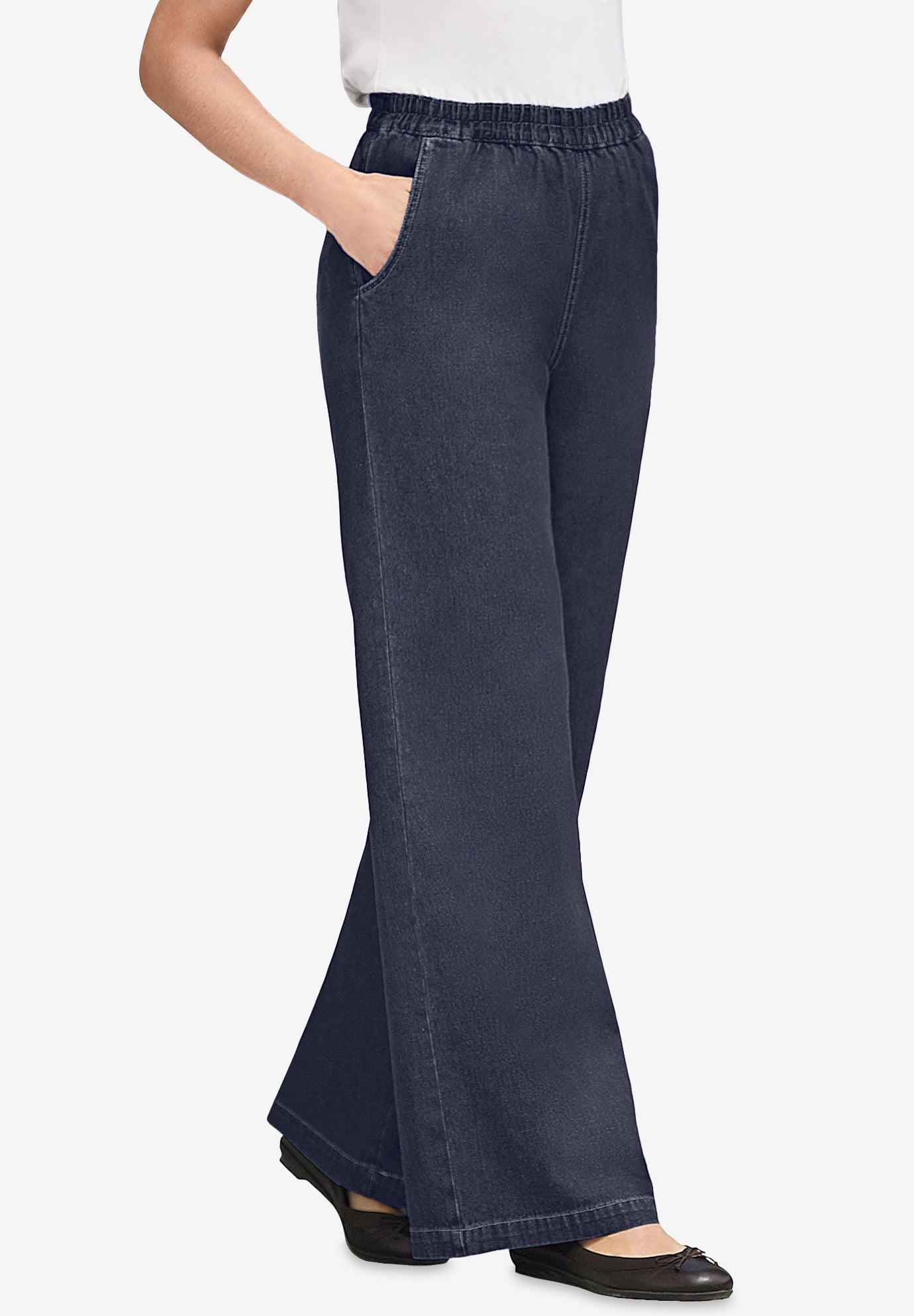 Perfect Elastic-Waist Wide-Leg All-Cotton Pull-On Denim Jeans ...