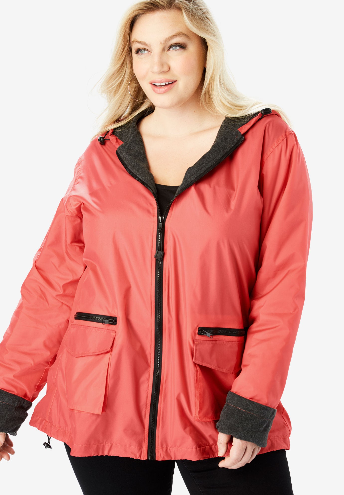 Hooded Nylon Jacket with Fleece Lining| Plus Size Jackets & Blazers ...