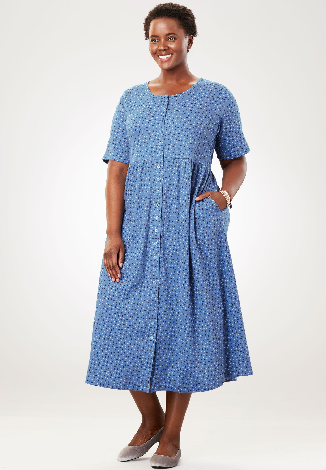 Dot Button-Front Essential Dress | Plus Size Casual Dresses | Full Beauty