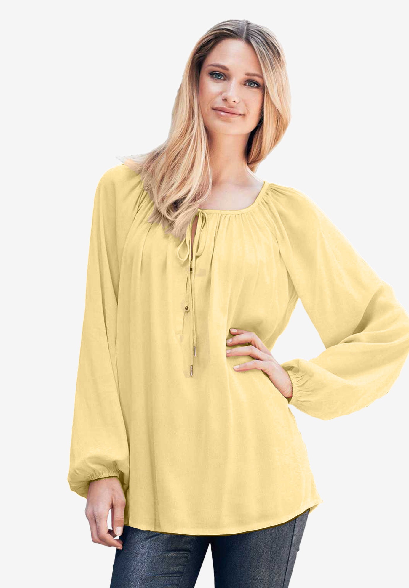 Tie Neck Peasant Tunic by ellos® | Plus Size Tunics | Full Beauty