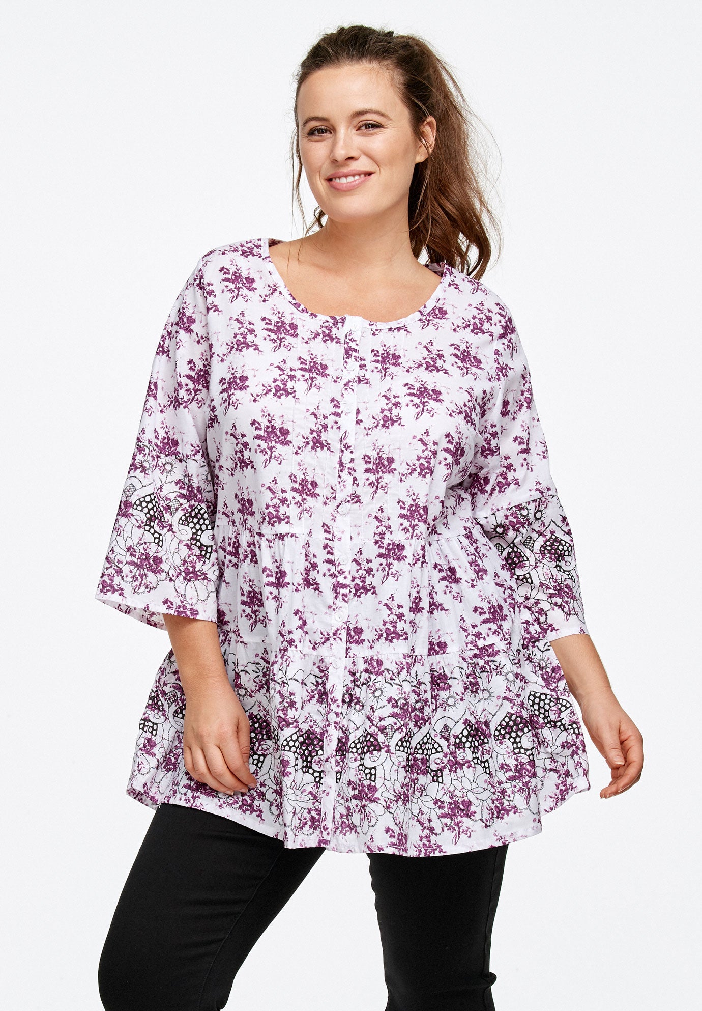Tiered Floral 34 Sleeve Tunic By Ellos® Plus Size Tunics Full Beauty
